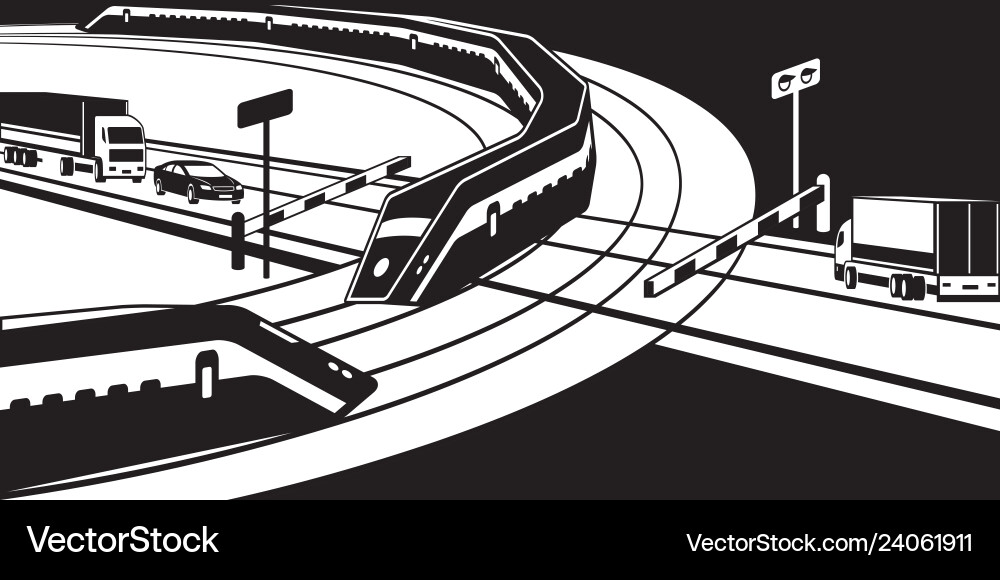 Passenger trains passing railway crossing Vector Image