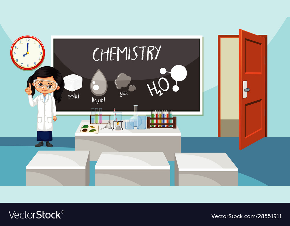 Science teacher standing in front classroom Vector Image