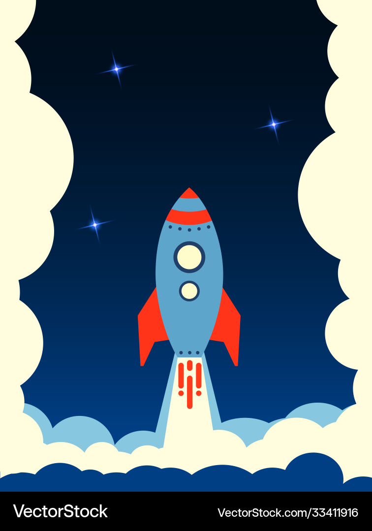 Blue rocket takes off into stars space in a cloud Vector Image