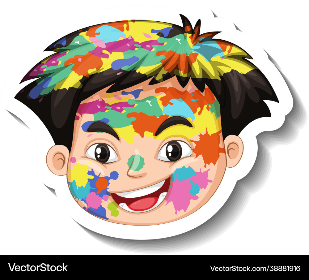 Happy boy face with colour on his sticker Vector Image