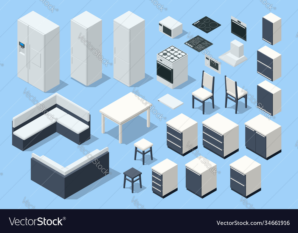 Isometric various elements for creating a kitchen Vector Image