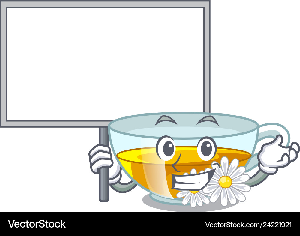 Bring board cup chamomile tea cartoon above table Vector Image