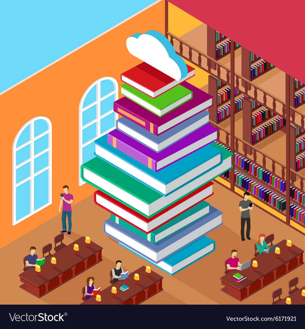 Isometric library stack books concept knowledge Vector Image