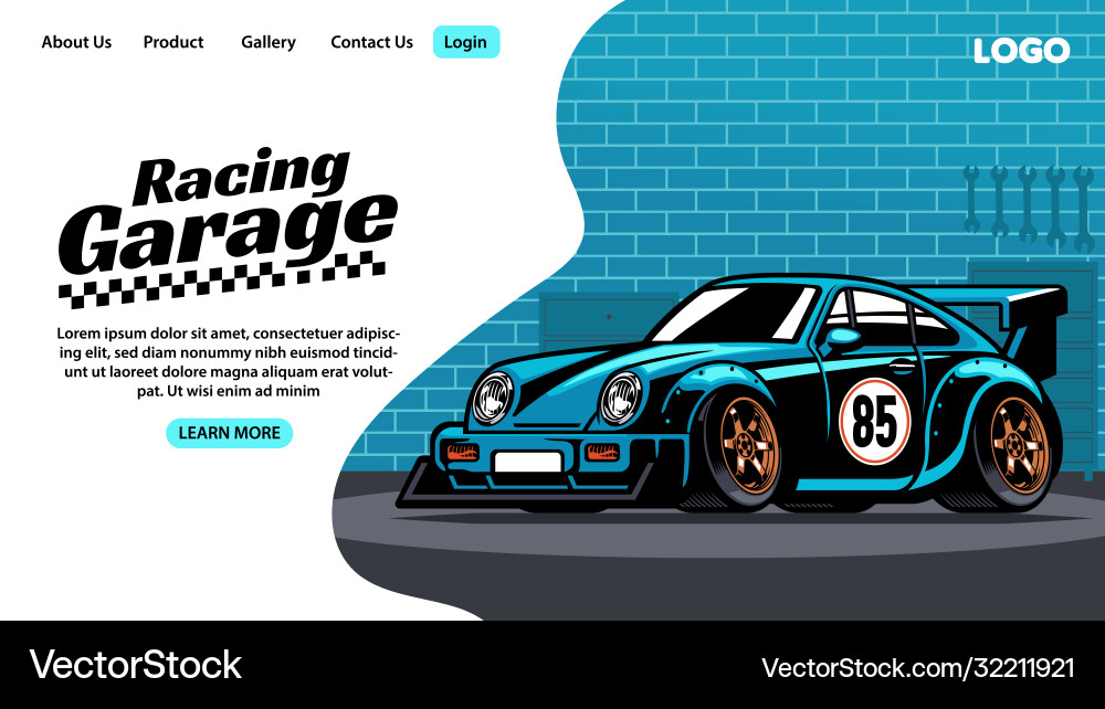 Landing page design racing car garage Royalty Free Vector