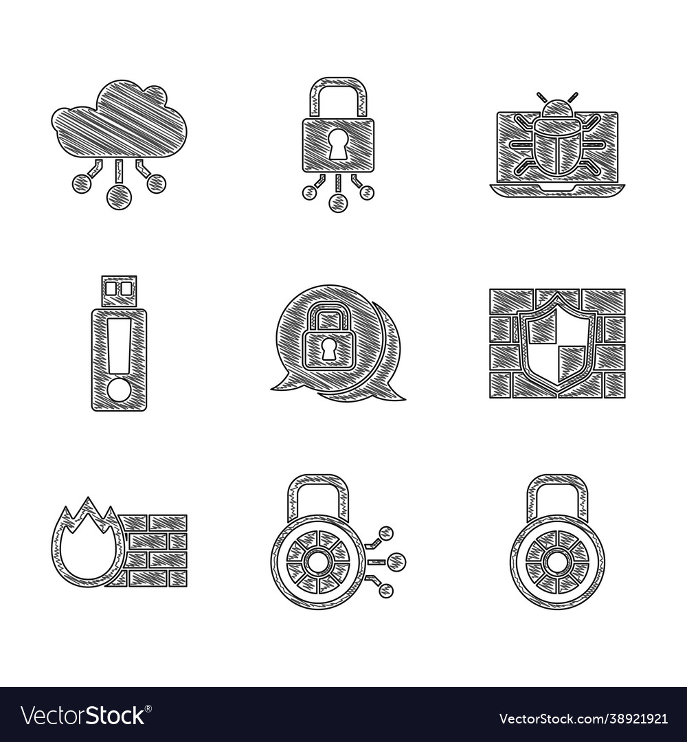 Set cyber security safe combination lock shield Vector Image