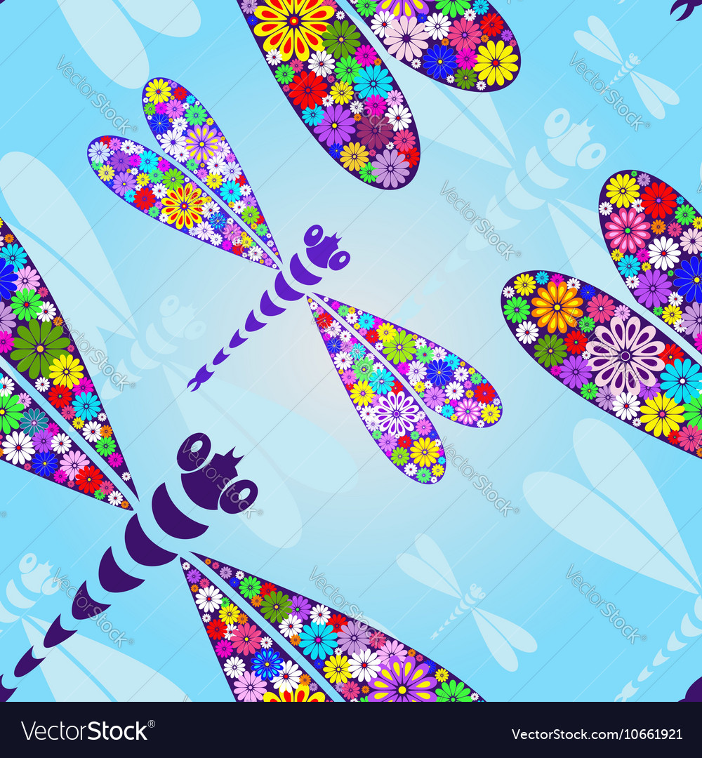 Spring seamless pattern with floral dragonflies Vector Image