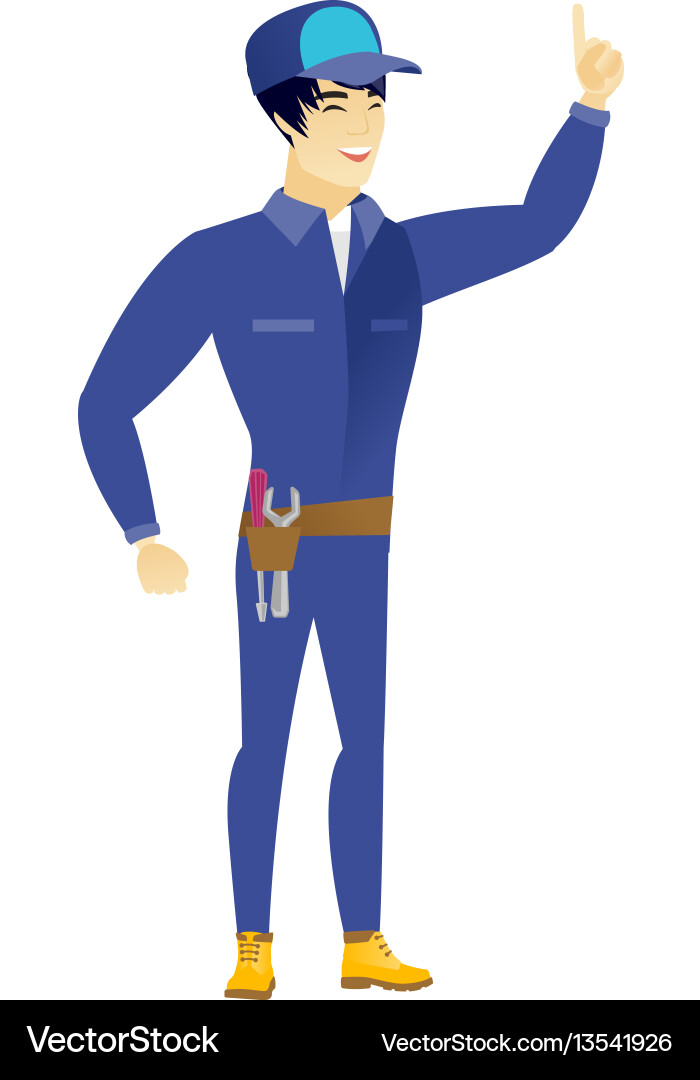 Asian mechanic pointing with his forefinger Vector Image