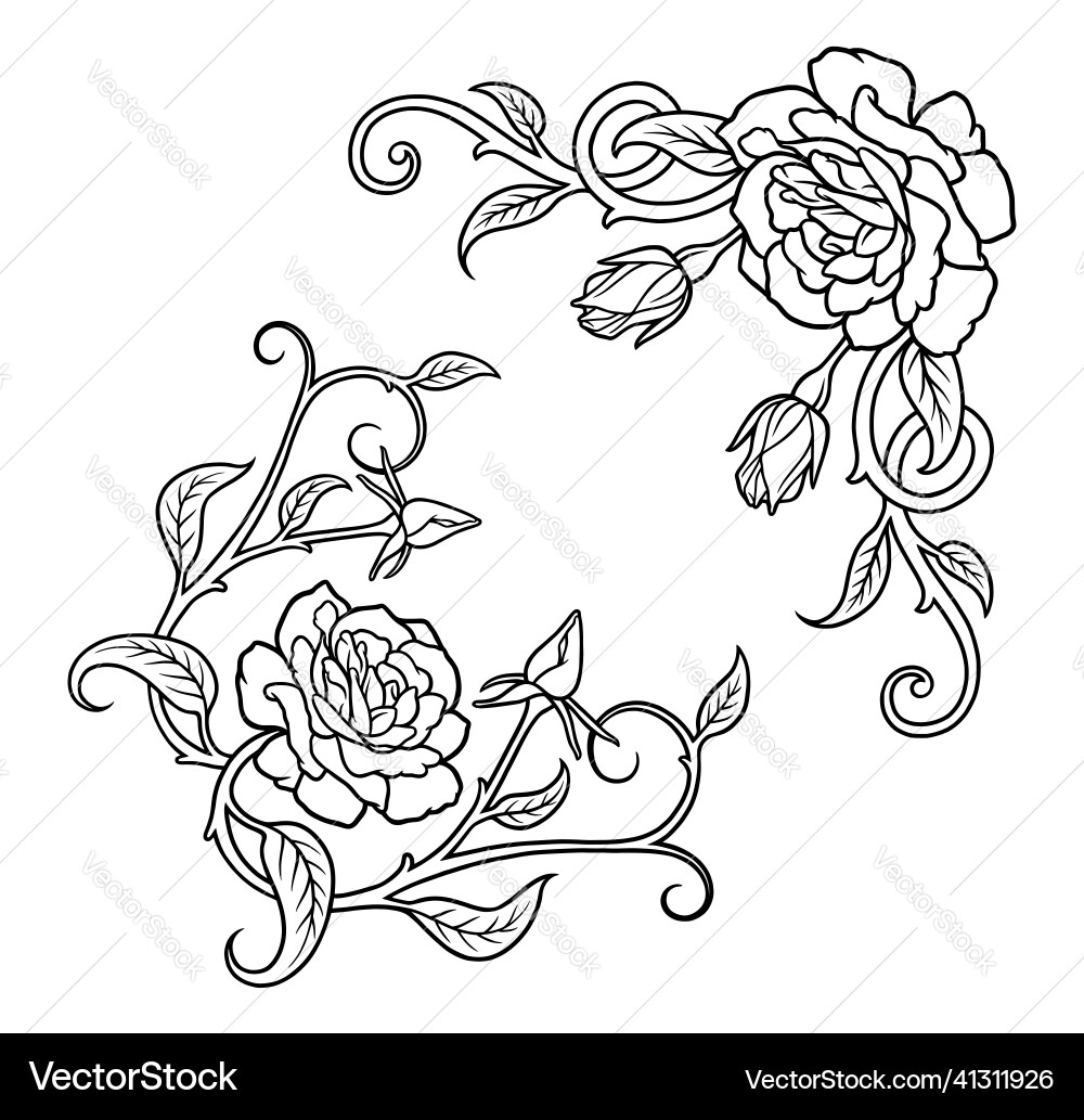 Rose corner decoration line art Royalty Free Vector Image