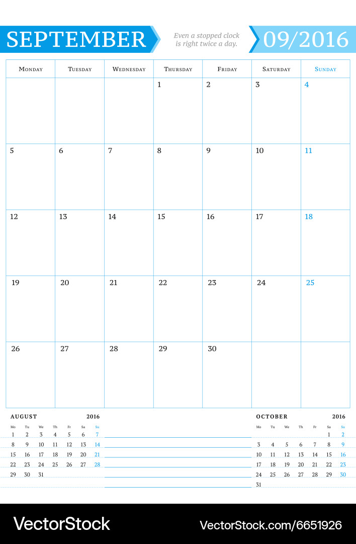 September 2016 monthly calendar planner for 2016 Vector Image