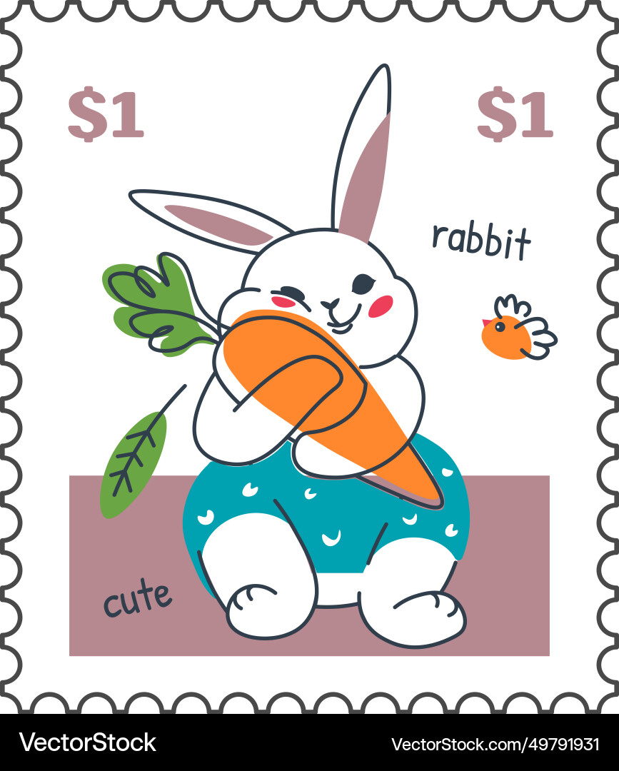 Cute rabbit on field with carrot postcard or mark Vector Image