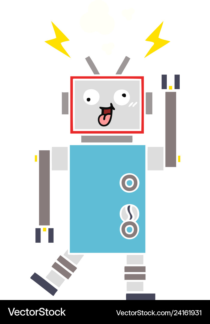 Flat color retro cartoon crazy broken robot Vector Image