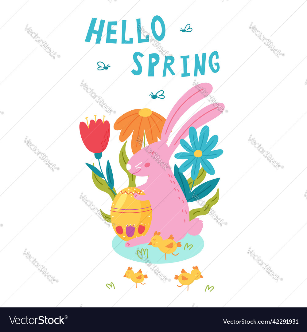 Hello spring greetings with an easter bunny Vector Image