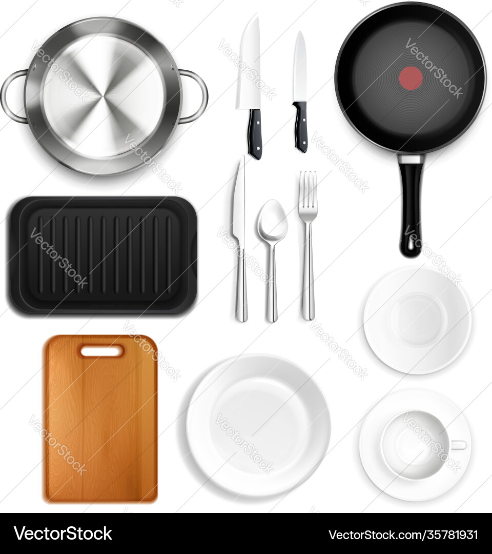 Realistic kitchen utensils set Royalty Free Vector Image