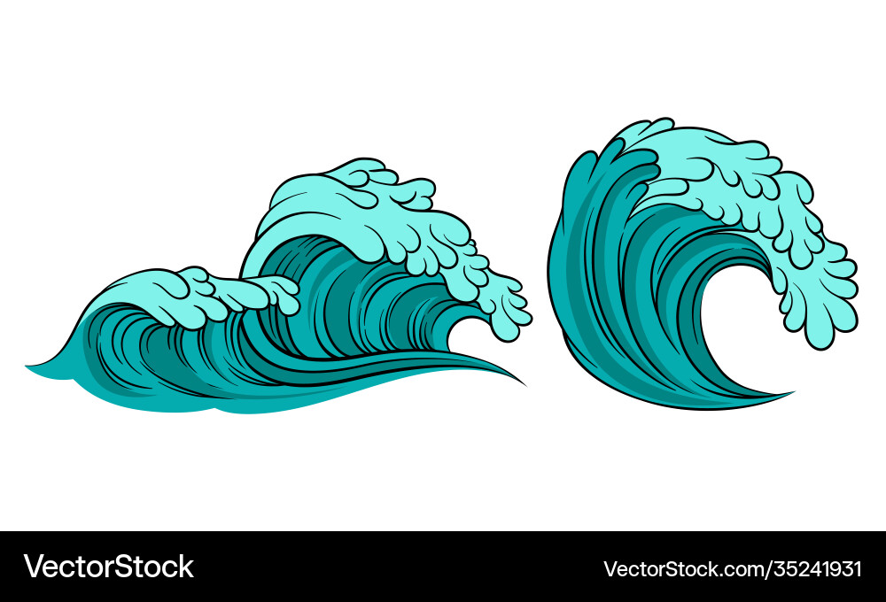 Sea waves with foam and blue splashes set Vector Image
