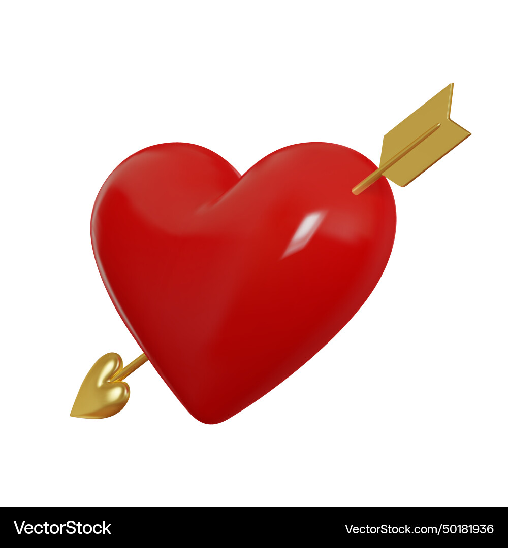3d red glossy heart with golden arrow Royalty Free Vector