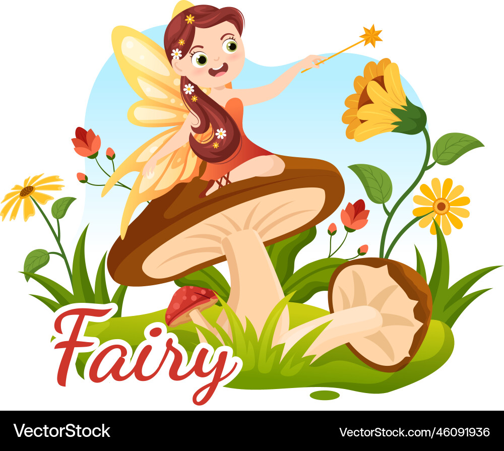 Beautiful flying fairy with elf landscape tree Vector Image