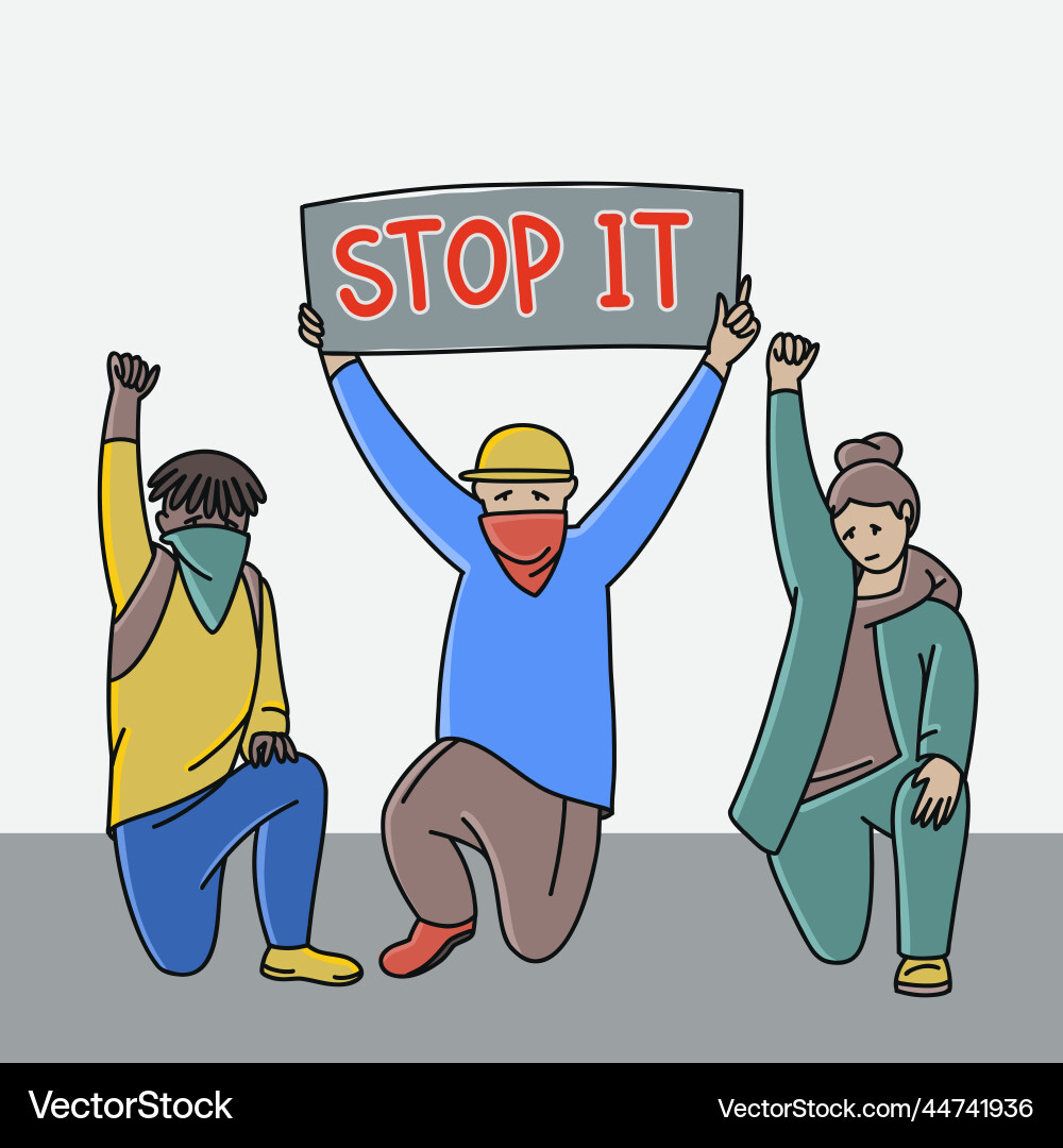 Protest stop it man is on his knee three people Vector Image