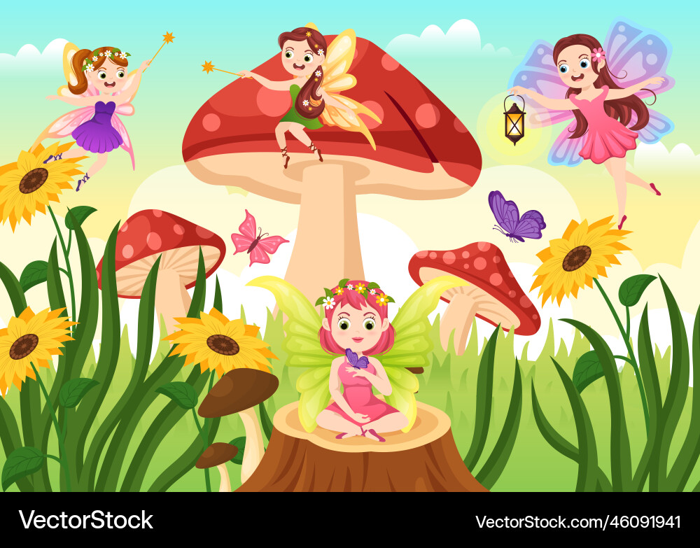 Beautiful flying fairy with elf landscape tree Vector Image