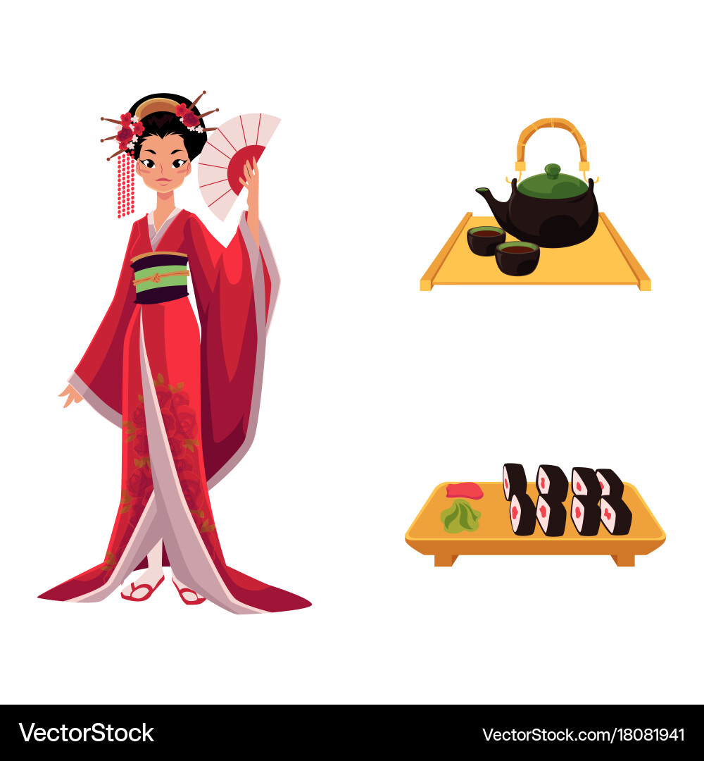 Flat geisha sushi and tea ceremony set Royalty Free Vector