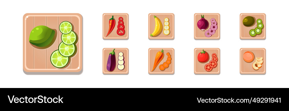 Fruit and vegetables sliced chopped on wooden Vector Image