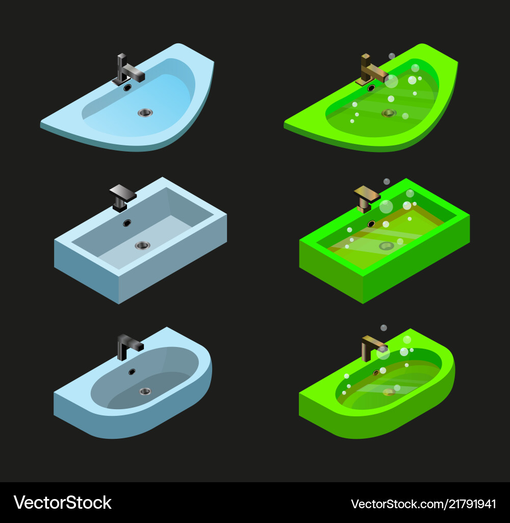 Isometric clean and clogged sink isolated icons Vector Image