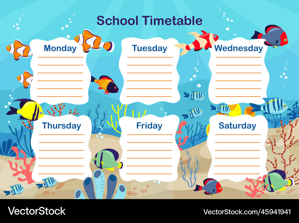 School timetable sea theme design fish corals Vector Image