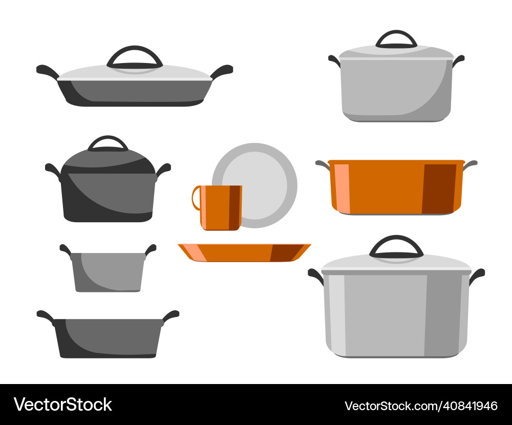 Cartoon stainless and non-stick cookware set pots Vector Image