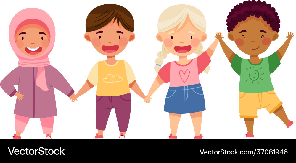 Multiethnic children holding hands and smiling Vector Image