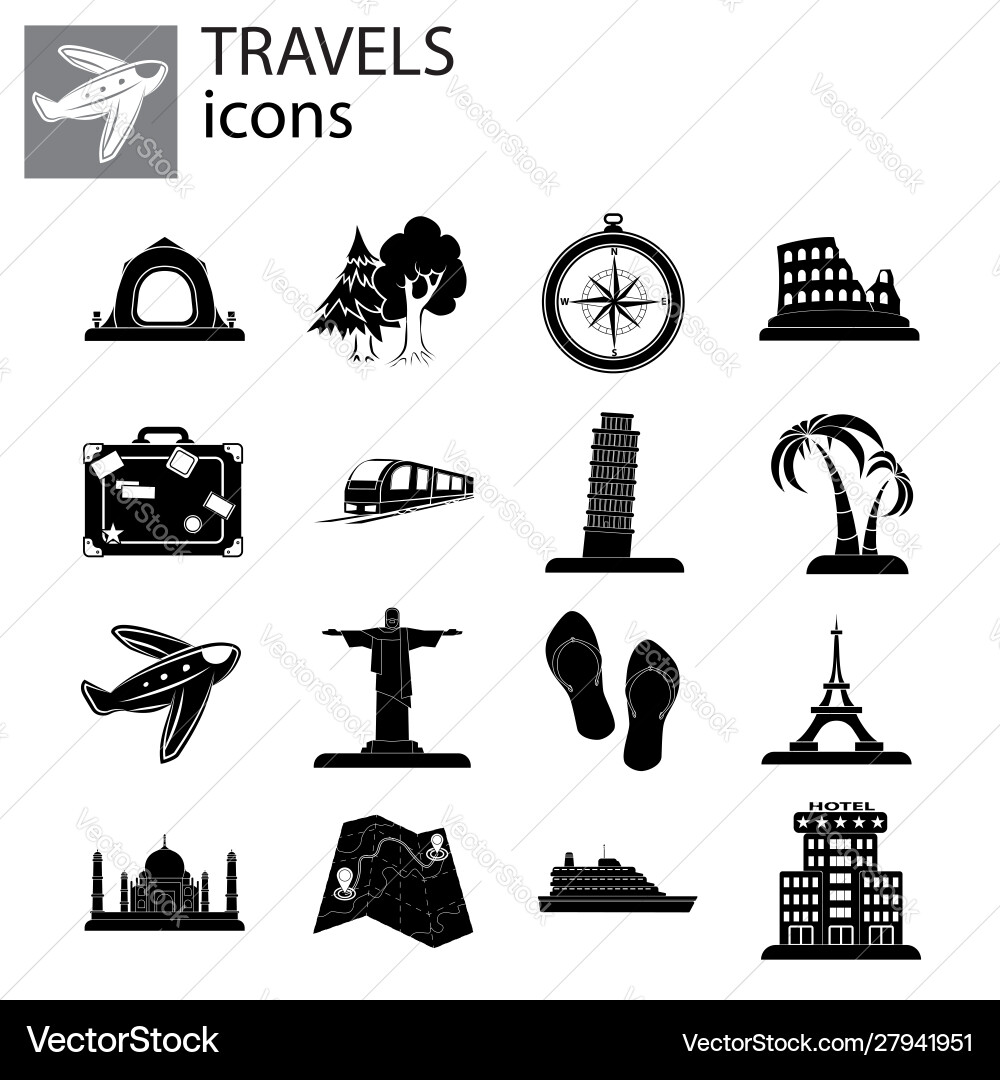 Travel set black on white background Royalty Free Vector