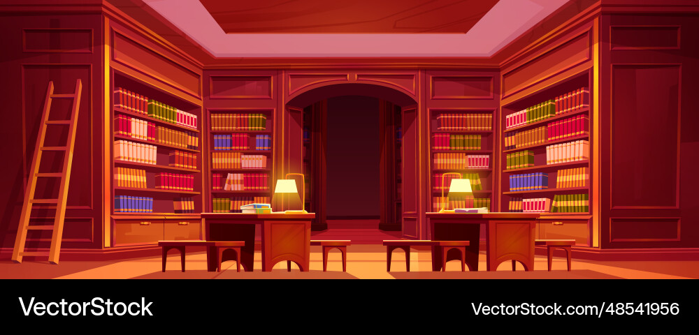 Bookshelf in library interior with table and chair