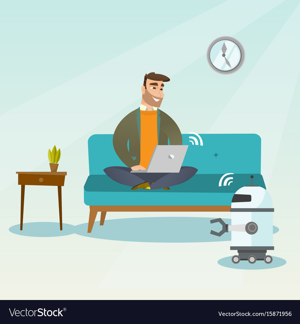 Young caucasian engineer programming a robot Vector Image