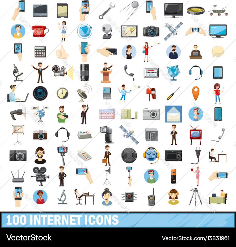 100 internet icons set cartoon style Royalty Free Vector