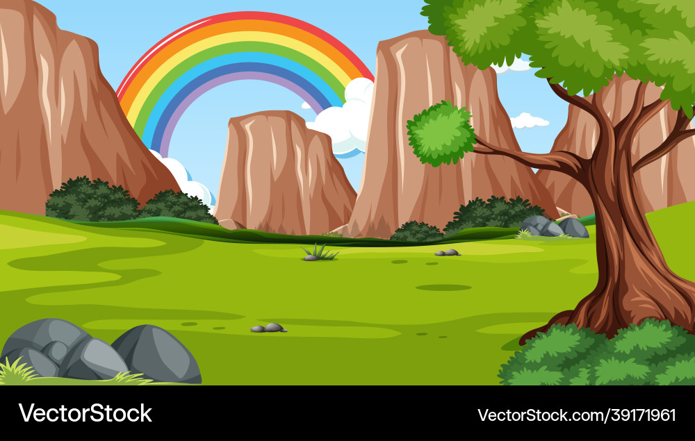Nature scene background with rainbow in the sky Vector Image