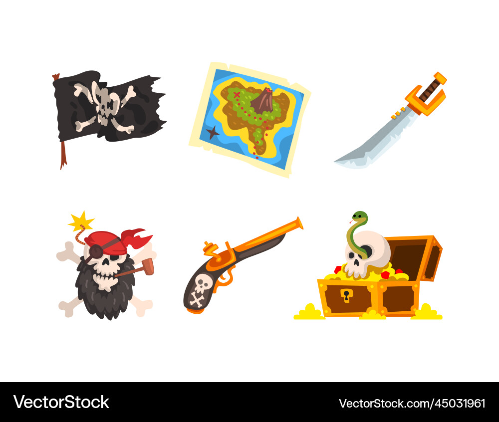 Pirate skull gun treasure chest sword map Vector Image