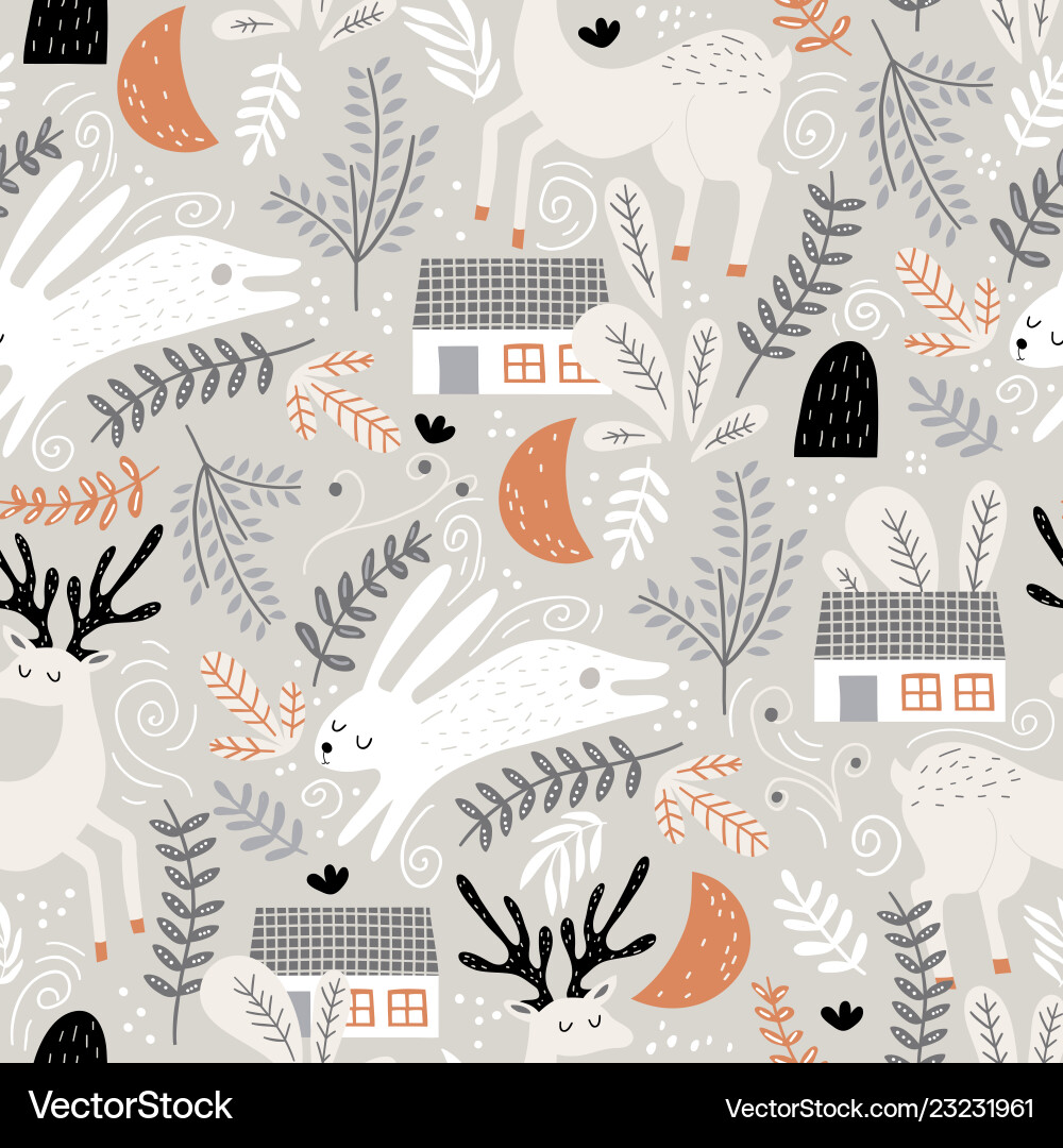 Seamless woodland pattern with deer bunny and Vector Image