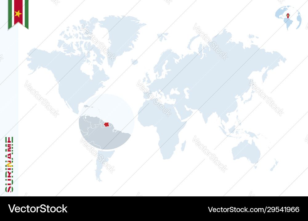 Blue world map with magnifying on suriname Vector Image
