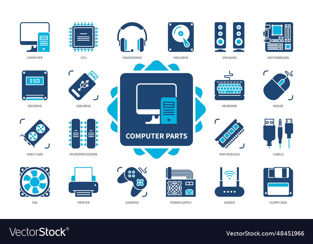 Computer parts solid icon set Royalty Free Vector Image