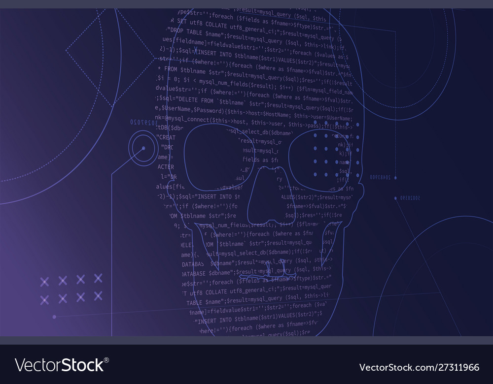 Computer source code on a screen with a skull Vector Image