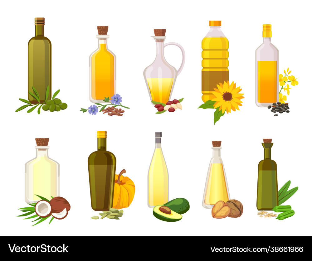 Cooking oil bottles natural vegetable olive Vector Image
