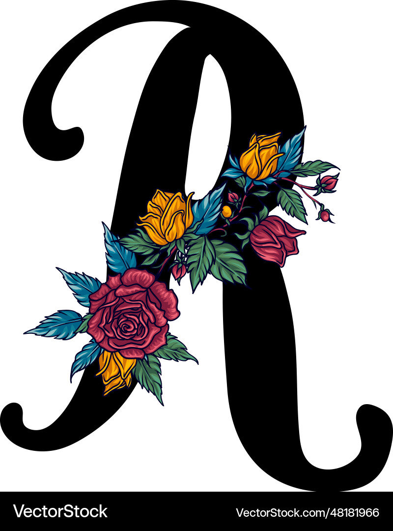 Letter r handwritten font with roses hand Vector Image