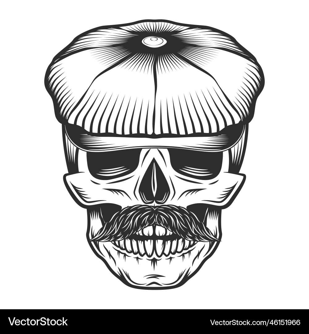 Skull with mustache in the tweed hat flat cap Vector Image
