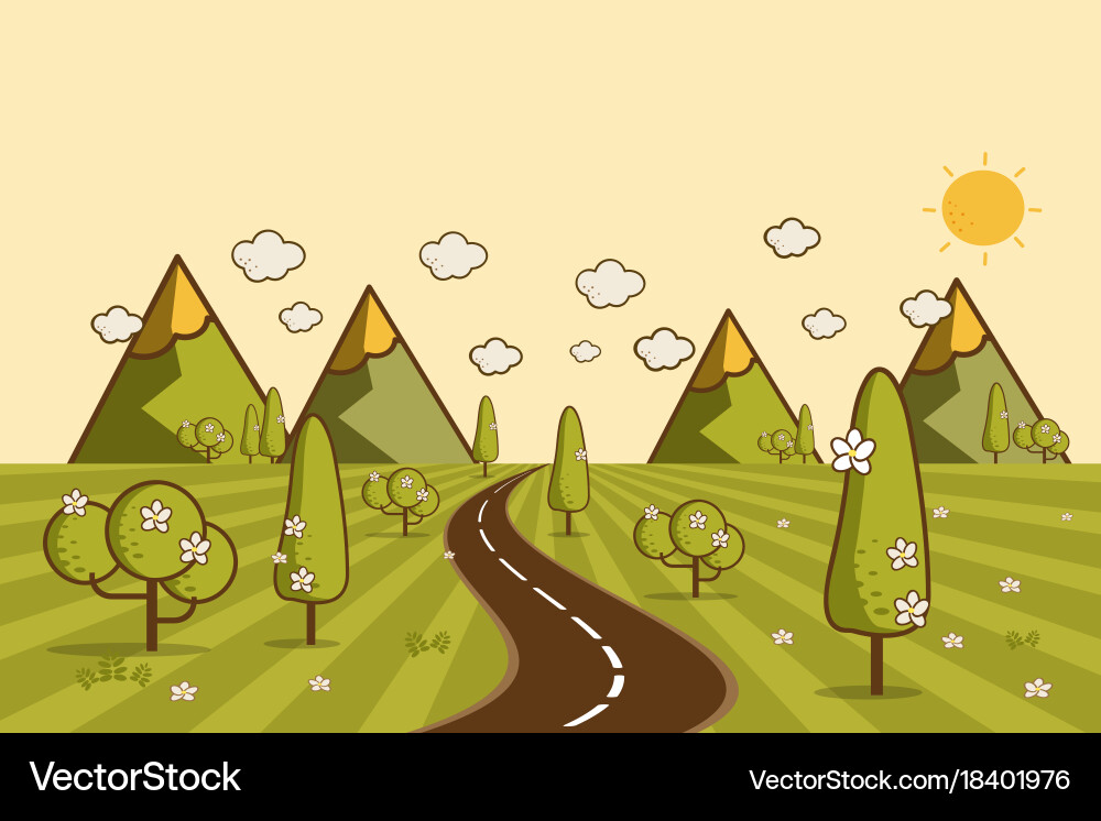 Road in green valley mountains hills clouds Vector Image