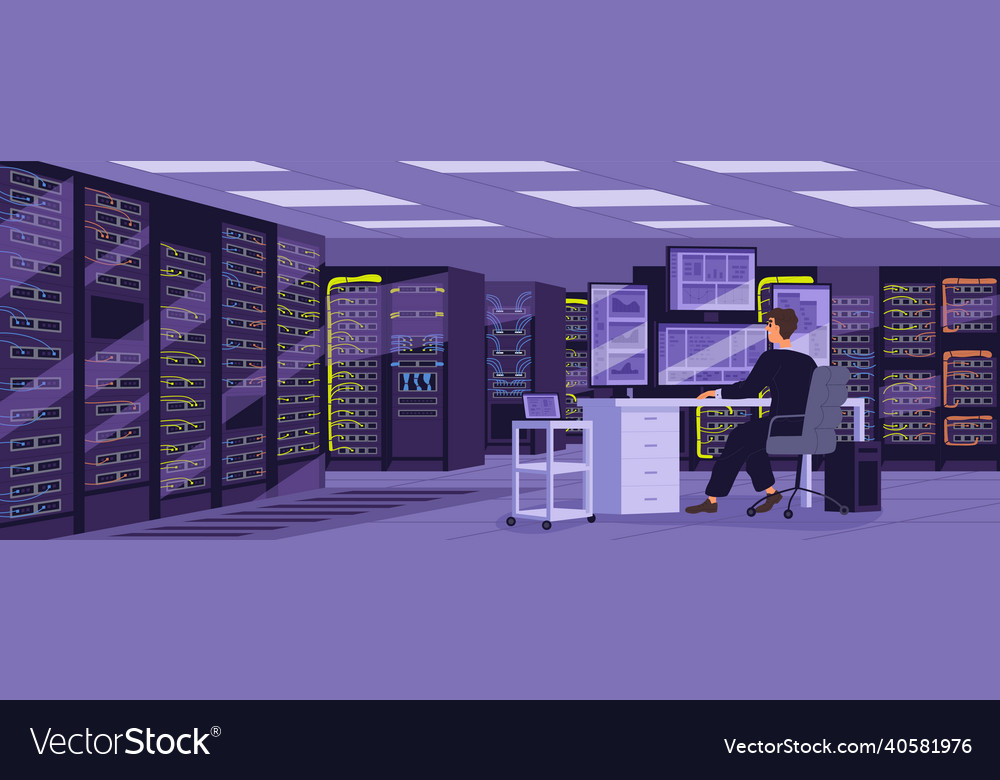 Sysadmin at computer in server room with storage Vector Image
