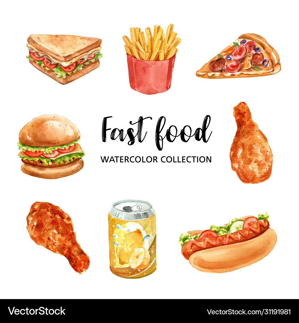 Fast food element design with watercolor on white Vector Image