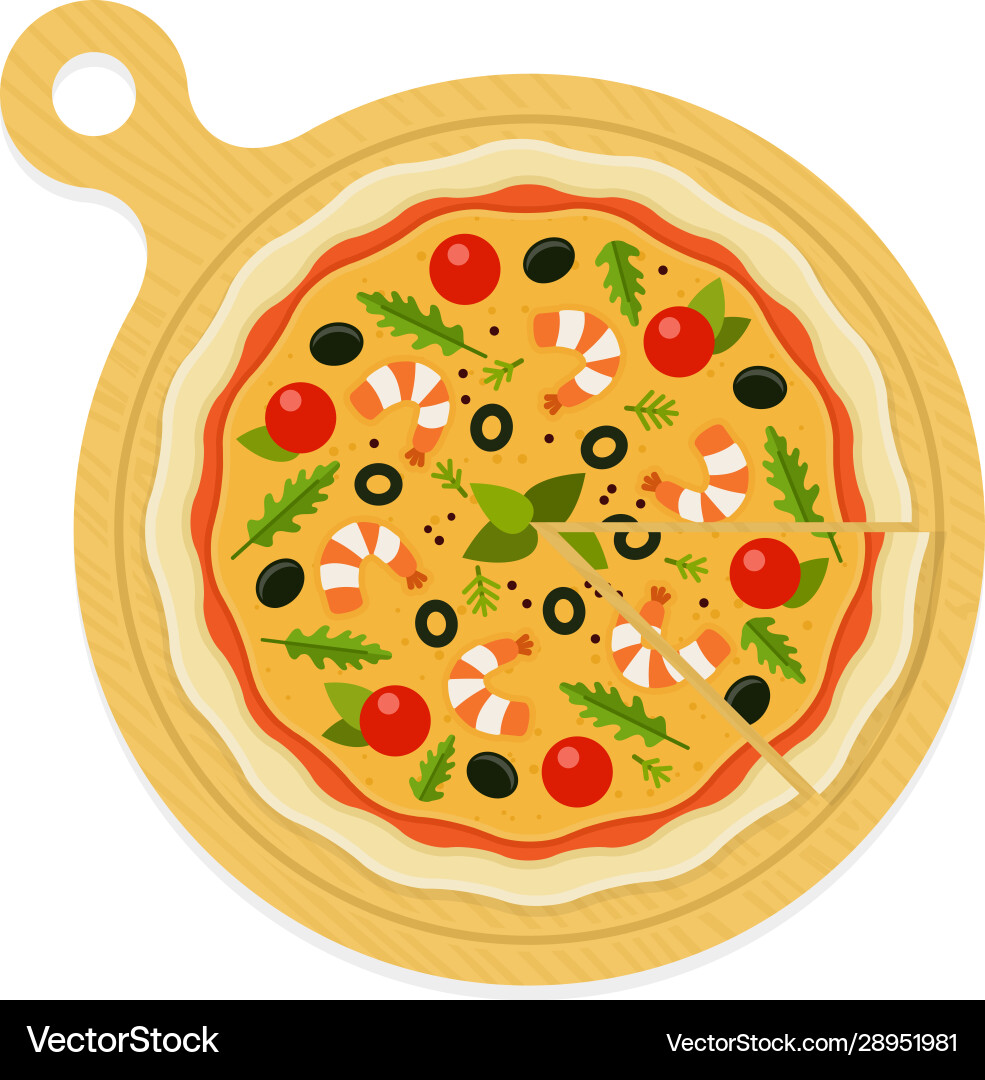 Mediterranean pizza on a wooden board flat Vector Image