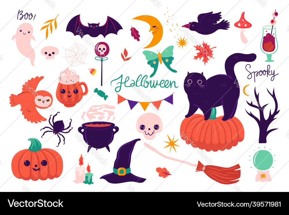 Set of cute halloween elements isolated on white Vector Image