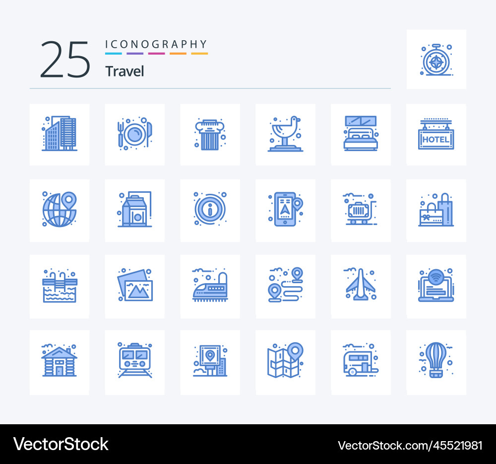Travel 25 blue color icon pack including bed Vector Image