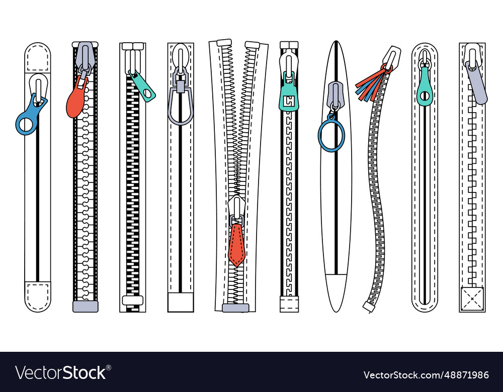 Flat zippers with pullers isolated zipper Vector Image