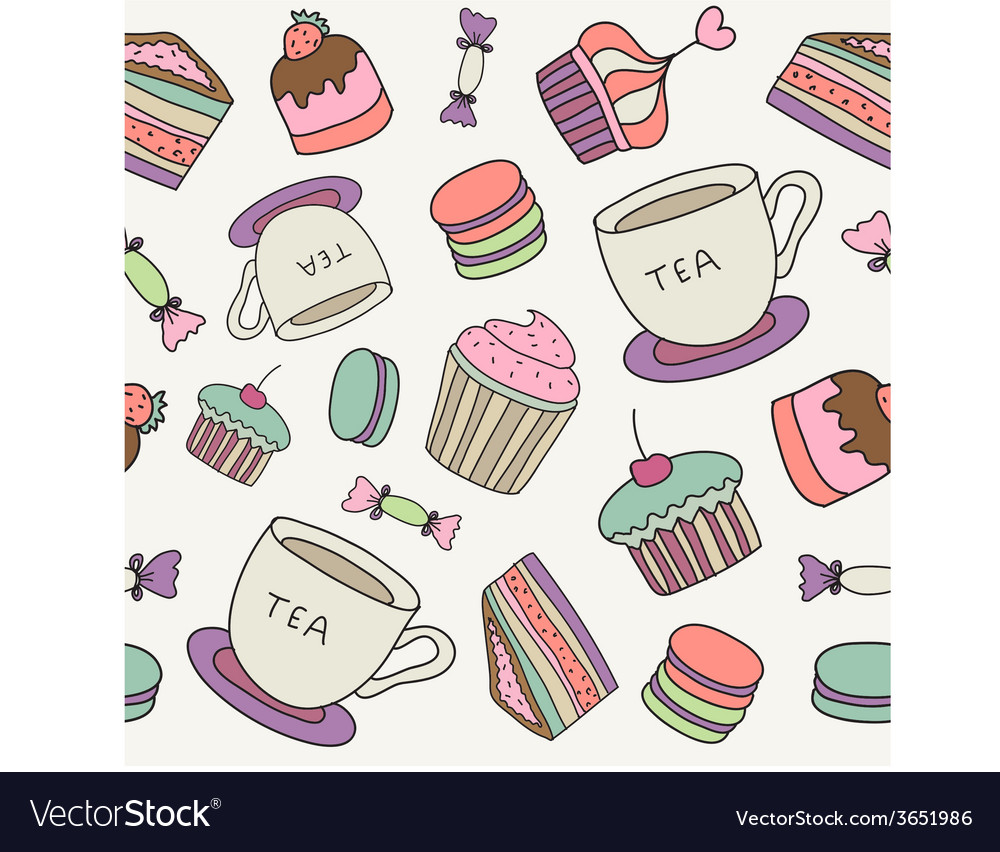 Hand drawn cakes sweets macaroons tea cup seamless