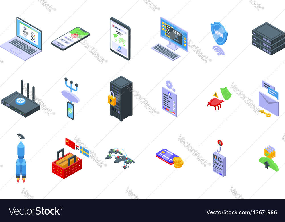 Vpn Icons Set Isometric Protect Shield Royalty Free Vector
